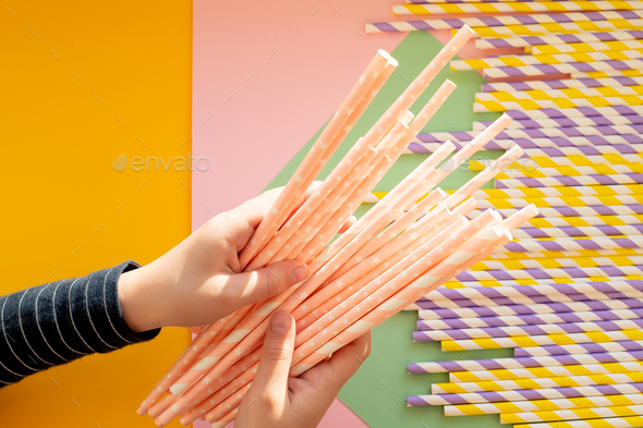 Hand With Paper Drinking Straws Friendly Biodegradable Materials