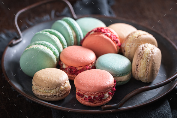Fresh and intensive macaroons made of fresh fruits and cream. Stock ...