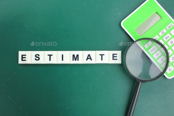 calculator, magnifying glass and alphabet letters with the word ...