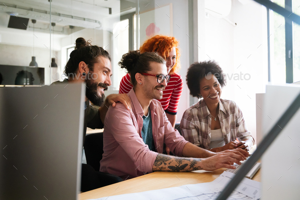 Mixed team of software engineers brainstorming ideas. Diverse app ...