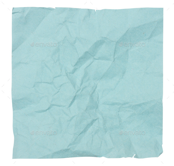 Crumpled blue sheet of paper on white isolated background, sticky note ...