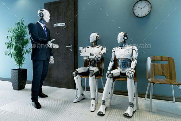 Robots in a queue for a job interview Stock Photo by iLexx | PhotoDune
