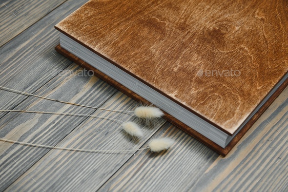 Luxury wooden photo book on natural background. Family memories ...