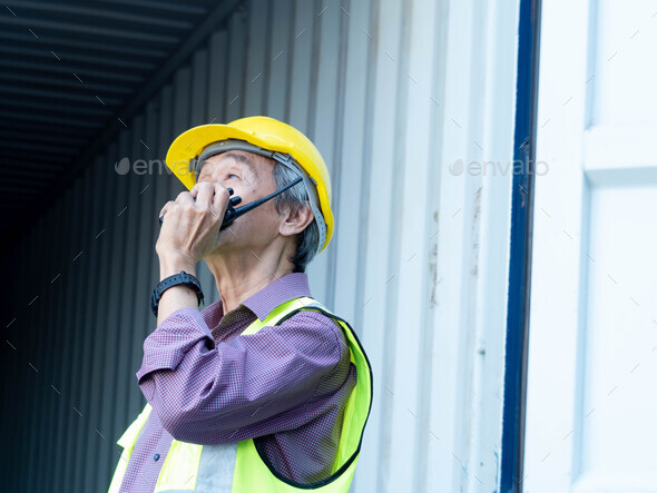 male man elderly manager supervisor director staff labor yellow hardhat ...