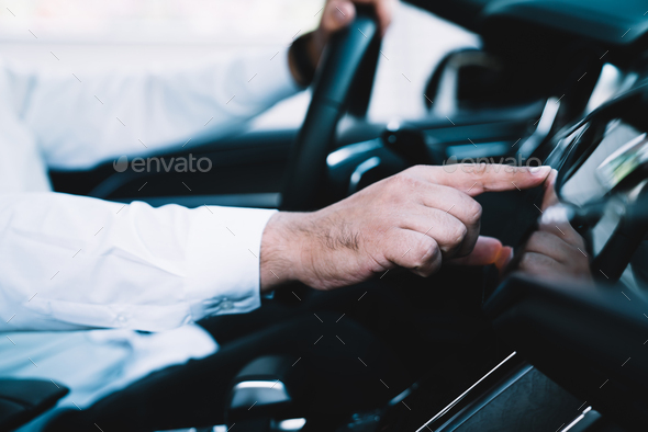 man driver checking location direction on automobile technology ...