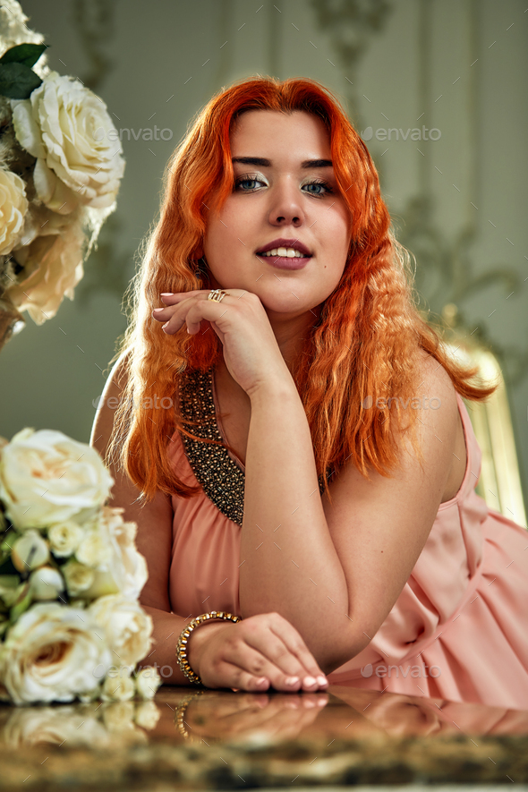 Plus size fashion model, fat woman on luxury interior, overweight ...