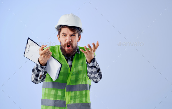 Man in working uniform white hard hat safety work Professional Stock ...