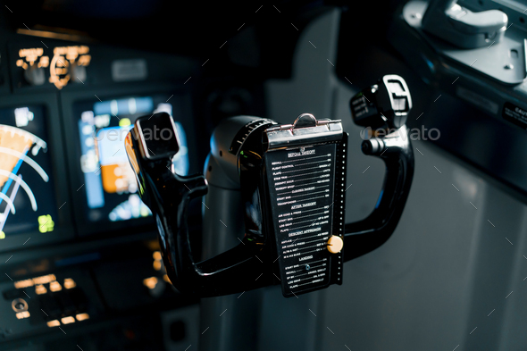 Aircraft control panel in cockpit with instrument panel command and ...