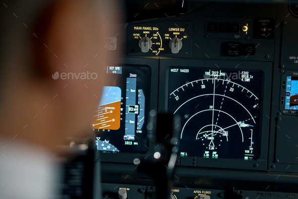 Close-up of an airplane cockpit Center panel with main flight display ...