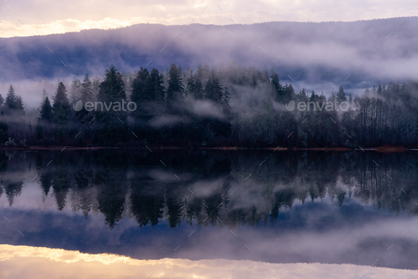 Fog Covered Fairy Lake in Canadian Nature Landscape Background. Stock ...