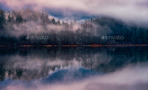 Fog Covered Fairy Lake in Canadian Nature Landscape Background. Stock ...