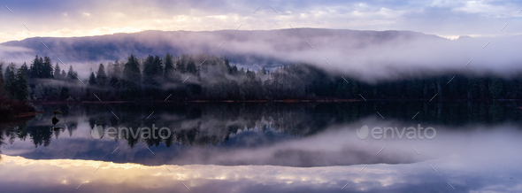 Fog Covered Fairy Lake in Canadian Nature Landscape Background. Stock ...