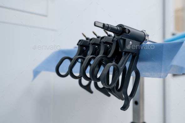 sterile surgical instruments lie on table operation in operating room ...