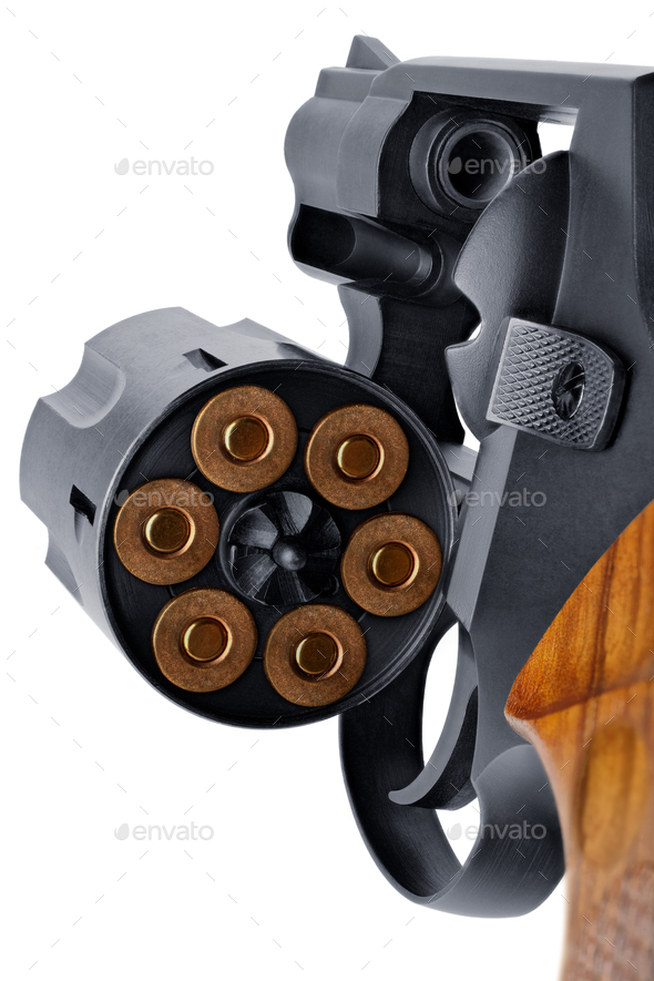 Black revolver with wooden handle Stock Photo by sergeyskleznev | PhotoDune