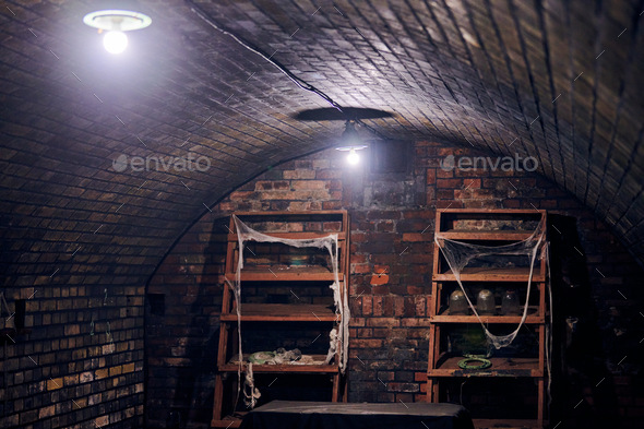 Old abandoned basement with shelving covered spider web, gloomy cold ...