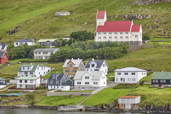 Traditional faroese village in Suduroy island. Fjord landscape ...