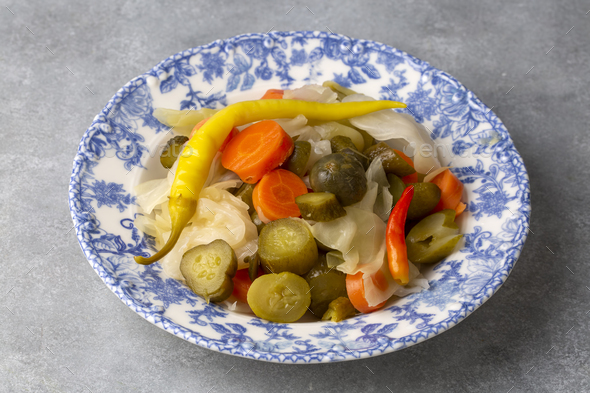 Assorted mixed pickled vegetables in bowl - plate, Turkish name; tursu ...