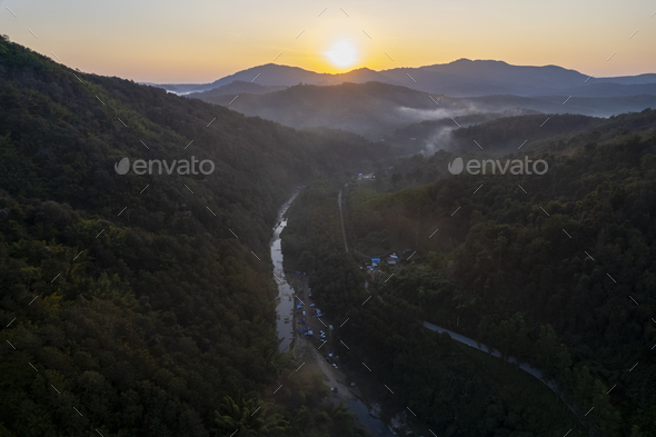 Top view Landscape of Morning Mist with Mountain Layer at Meuang Feuang ...