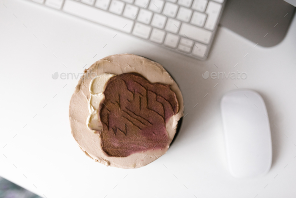 Coffee Chocolate Bento Cake on Desktop with Keyboard and Mouse Stock ...