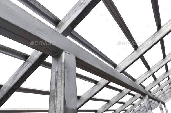 Steel beam structure roof building site isolated on white background ...