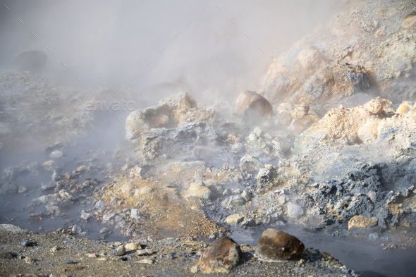 Closeup textures of Gunnuhver Hot Springs - steam and smoke from ...