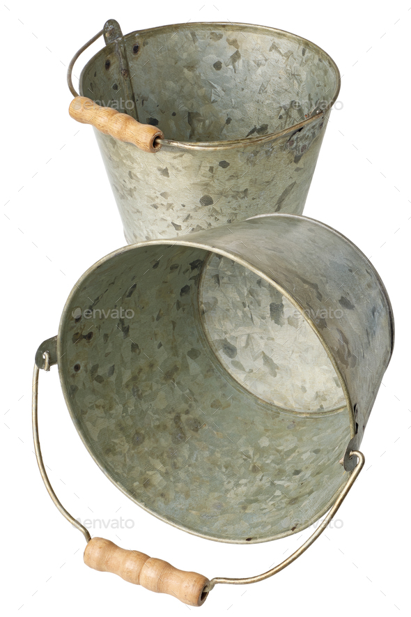 Two steel buckets with wooden handles Stock Photo by sergeyskleznev