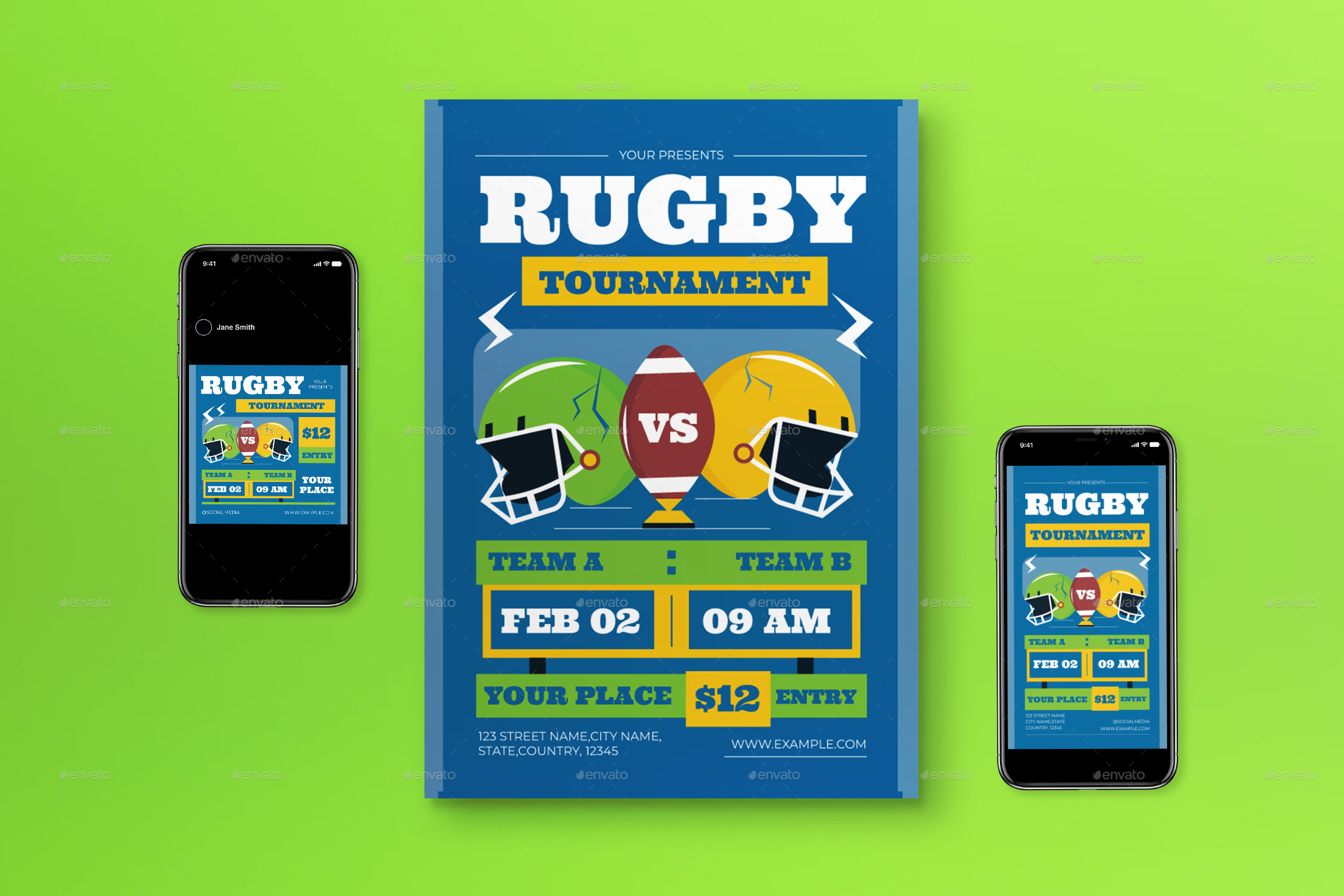 Blue Retro Rugby Tournament Flyer Set, Print Templates | GraphicRiver