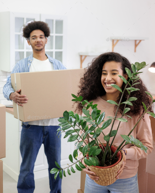 African American couple, man woman, collect clothes and plants in ...