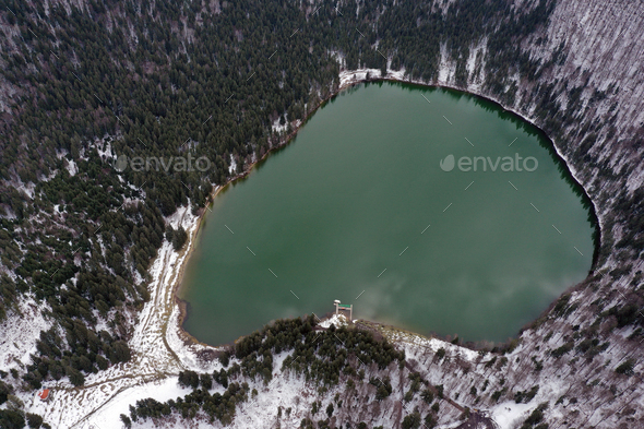 Aerial View of Volcanic Crater Lake at Winter. Flying Above Sfanta Ana ...