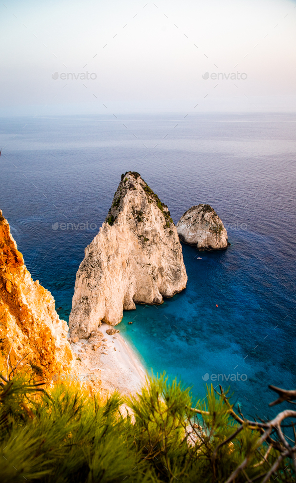 viewpoint of Keri and the famous Mizithres rocks with turquoise sea at ...