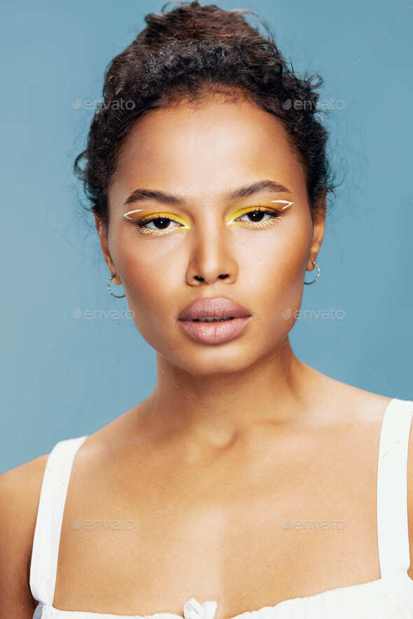 African woman blue skin smile lifestyle portrait hair face curly ...