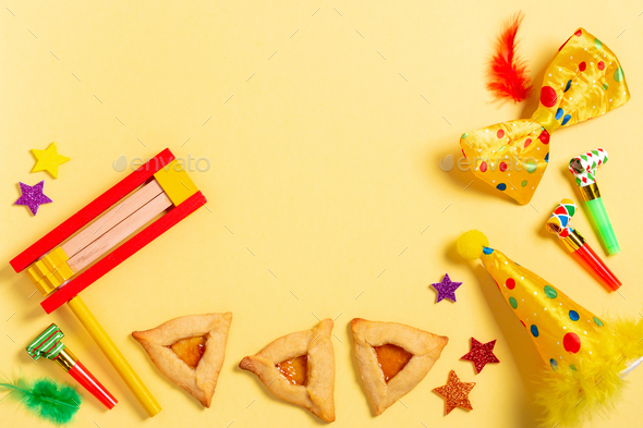 Purim carnival frame with traditional cookies, costume accessories and ...