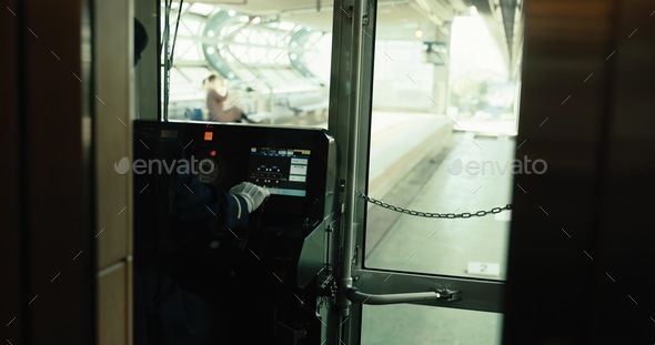 Subway, driver and cockpit of train in transport, service and control ...