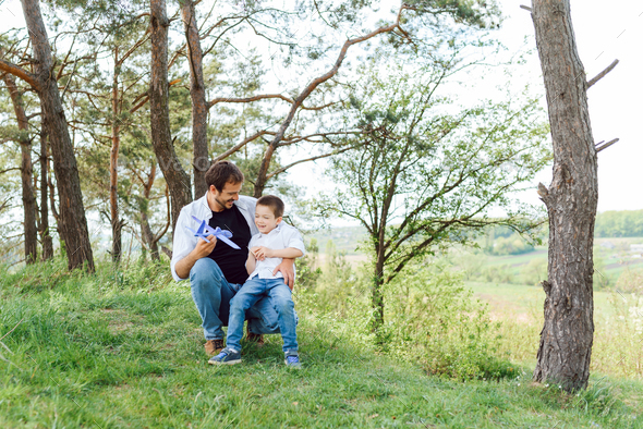 Happy time with father. Family fun concept. Bearded man and cute son ...