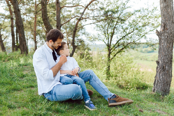 Happy time with father. Family fun concept. Bearded man and cute son ...