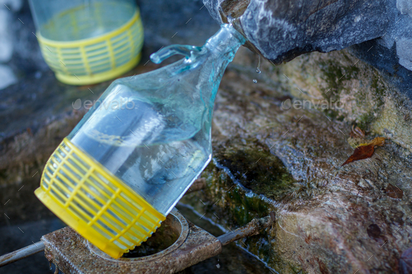collecting safe spring mineral water from source in mountain for human ...