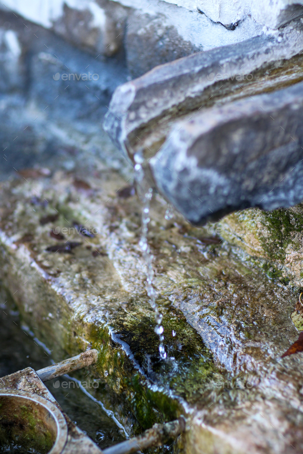 collecting safe spring mineral water from source in mountain for human ...