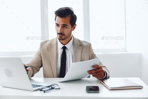 Office paper company businessman happy document holding laptop suit ...