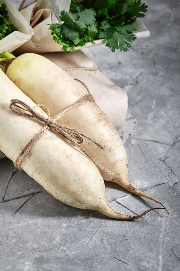 White daikon radish, Organic products, layout for healthy eating and ...
