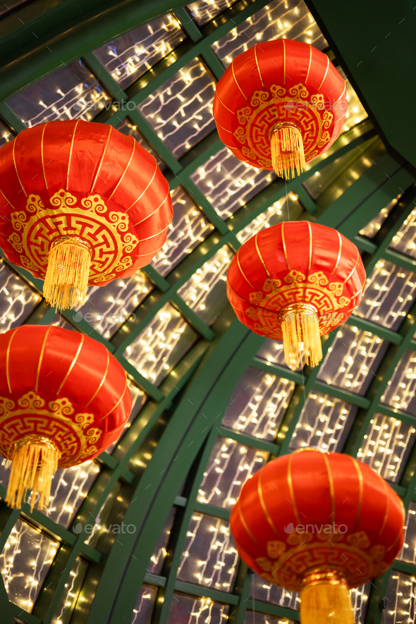 Interior of cafe, restaurant or other premises decorated with red and ...