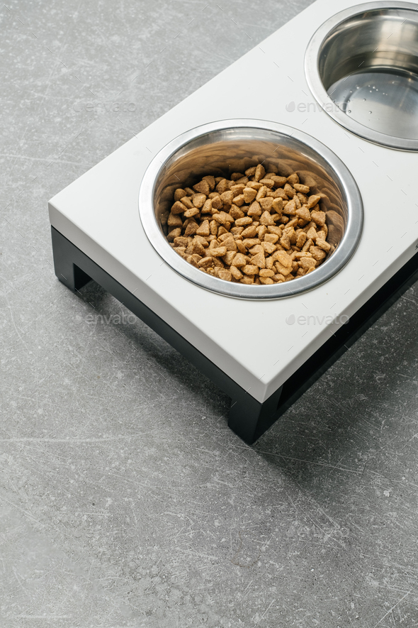 Pet dish on wood table. Rustic wood dish stand crafted from scrap Stock ...