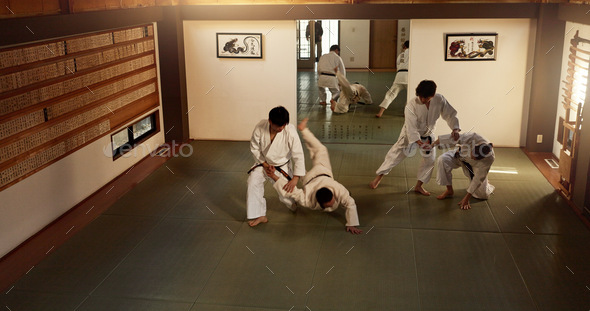 Aikido students, bow or learning martial arts in dojo for practice ...