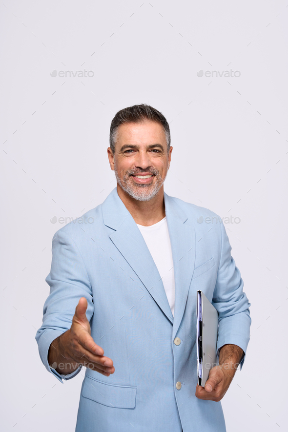 Happy older business man extending hand for handshake isolated on white ...