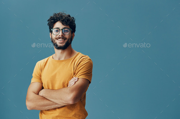 Confident man face looking background young guy expression person happy ...