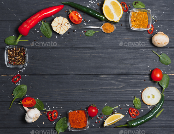 Cooking table. Background with spices and vegetables. Top view. Free ...