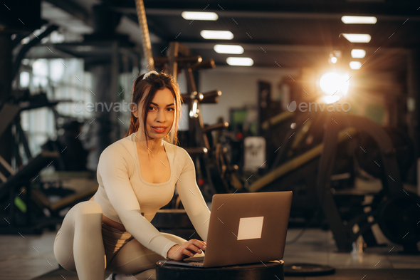 Female sport instructor trainer Caucasian woman slim sportswoman girl ...