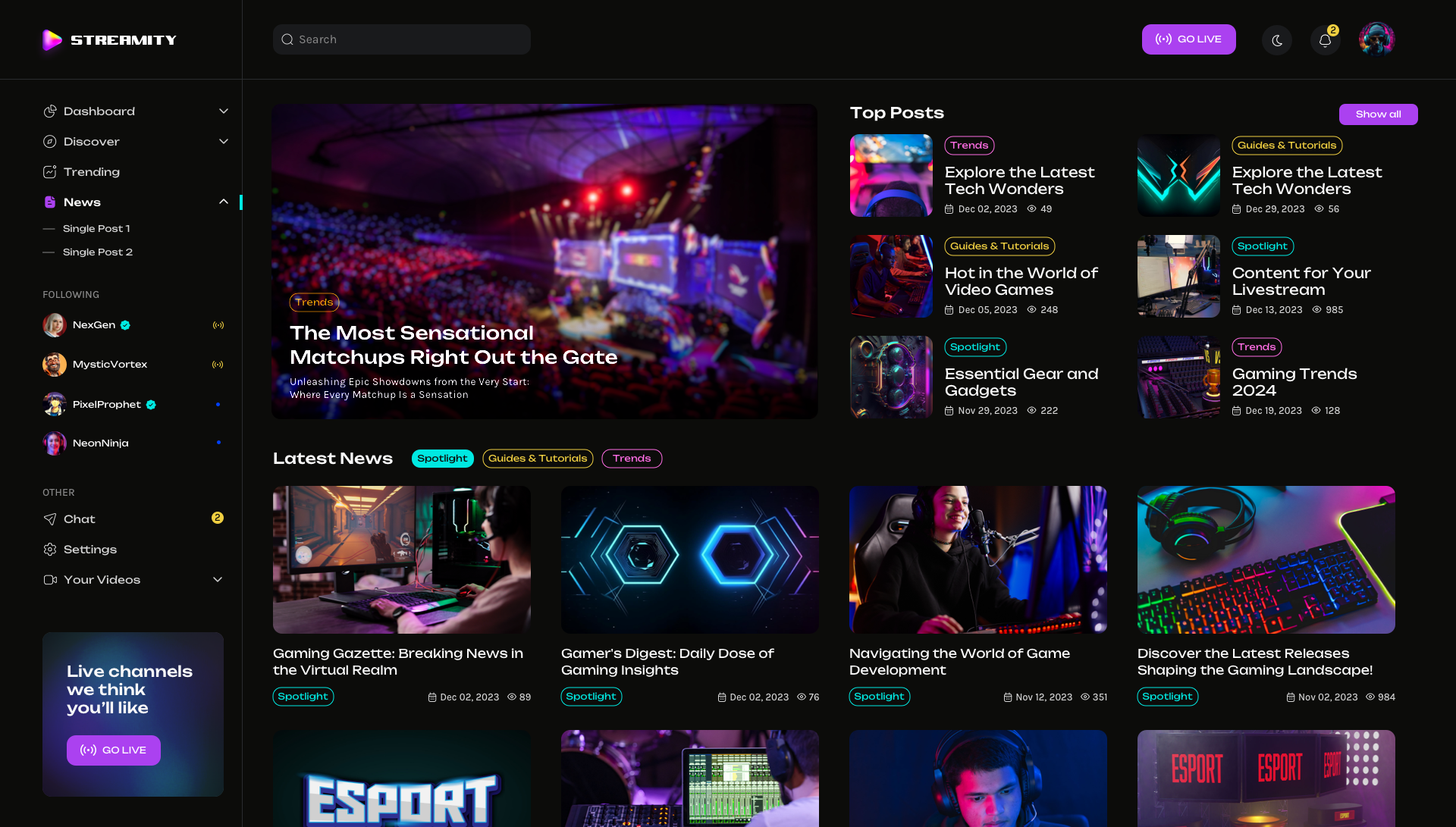 Streamity – Gaming and Streaming Dashboard UI for Sketch by merkulove