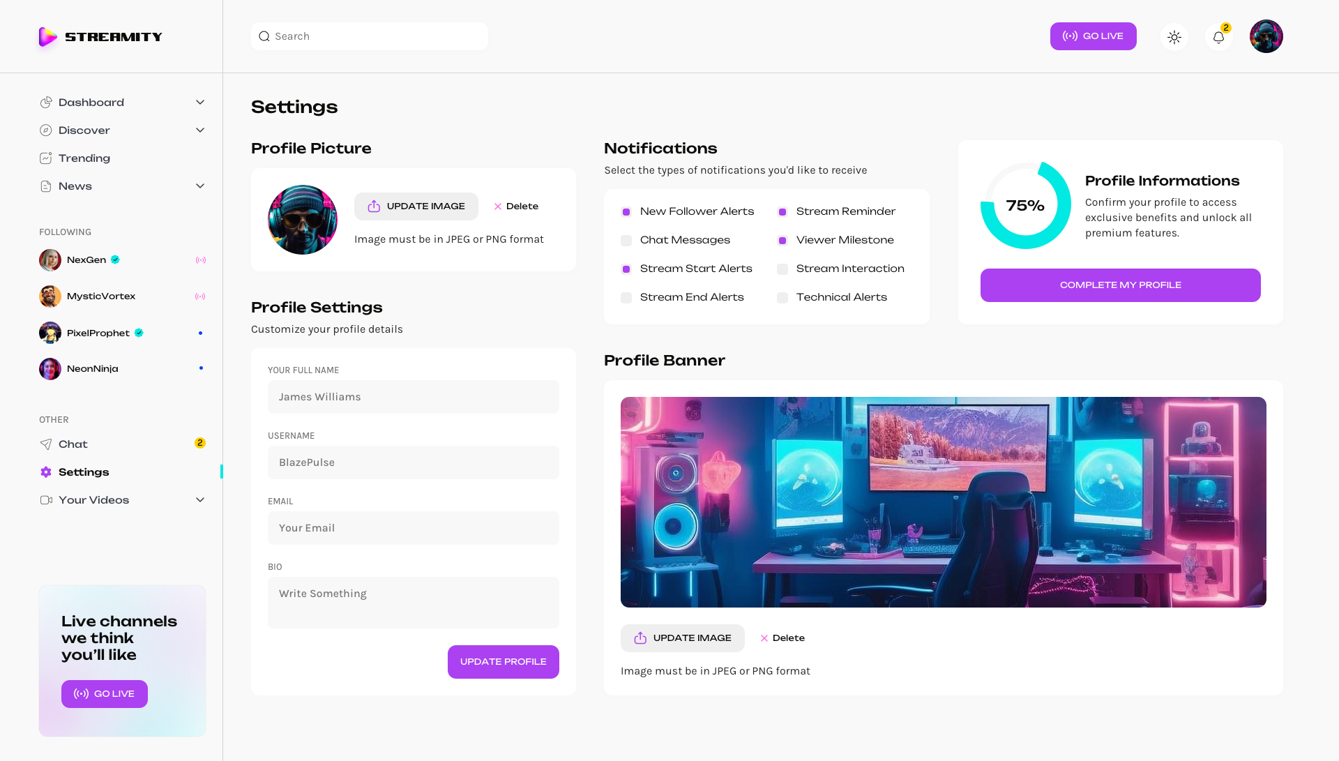 Streamity – Gaming and Streaming Dashboard UI for Sketch by merkulove