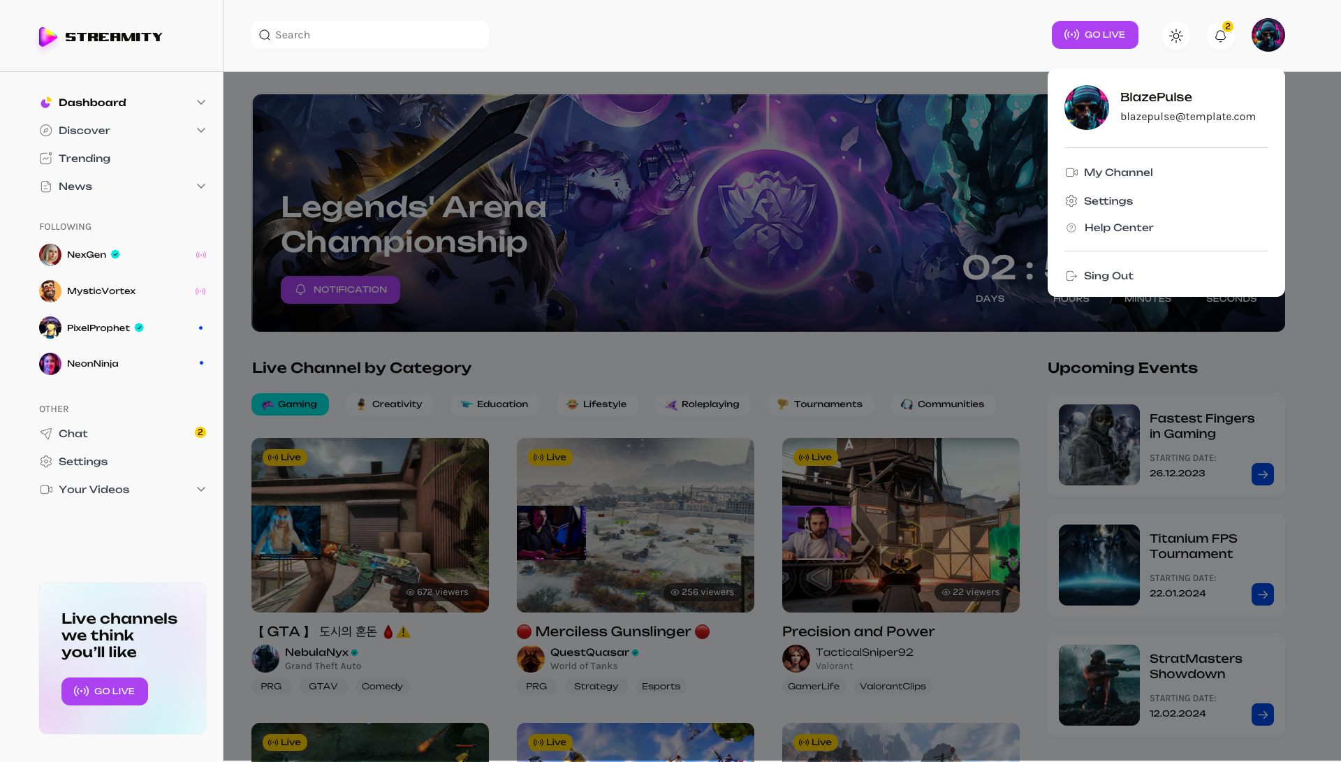 Streamity – Gaming and Streaming Dashboard UI for Sketch by merkulove
