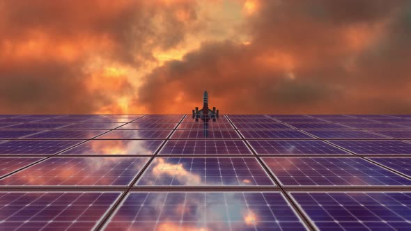 Airplanes Fly in Sky at Sunset Reflected By Solar Panels, Motion Graphics